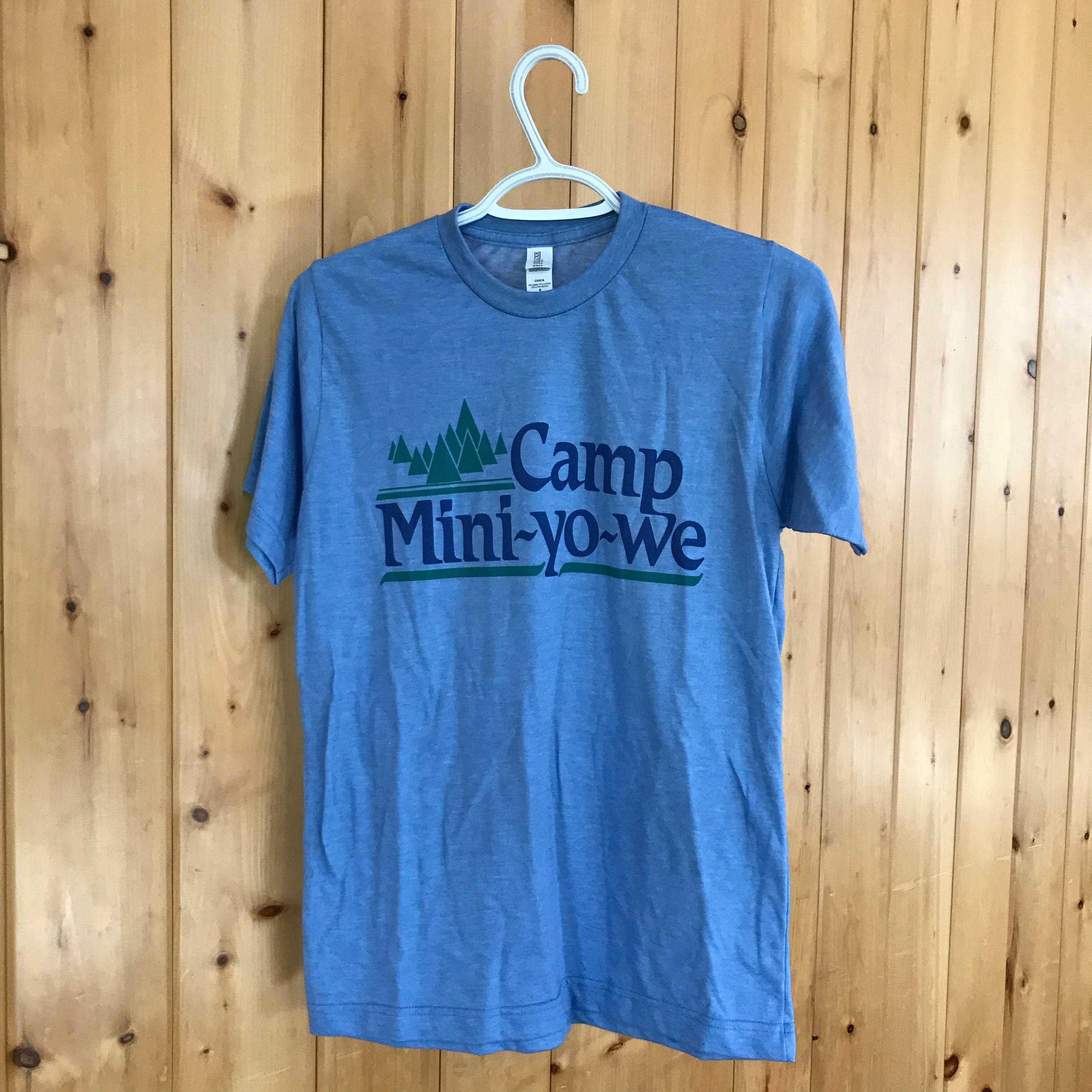 T-Shirt, Adult - Heather Blue, Di-sub/ Retro Logo 2 (Block script) | Camp Mini-Yo-We Tuck Shop